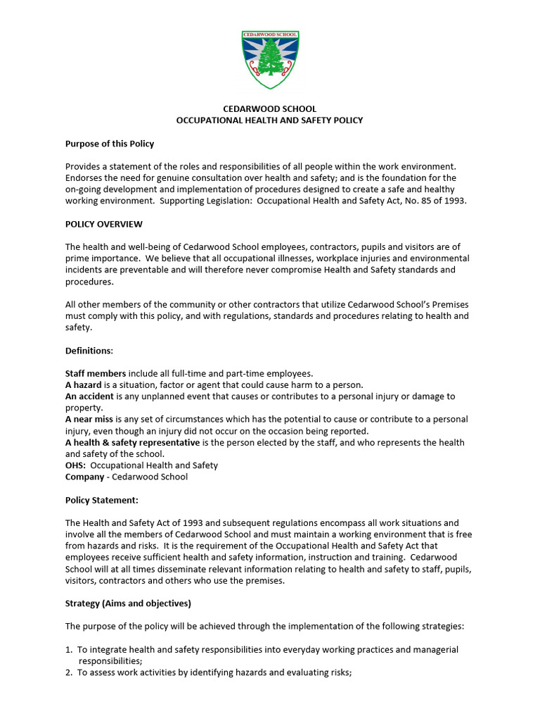 Cedarwood School Health & Safety Policy | PDF | Occupational Safety And ...