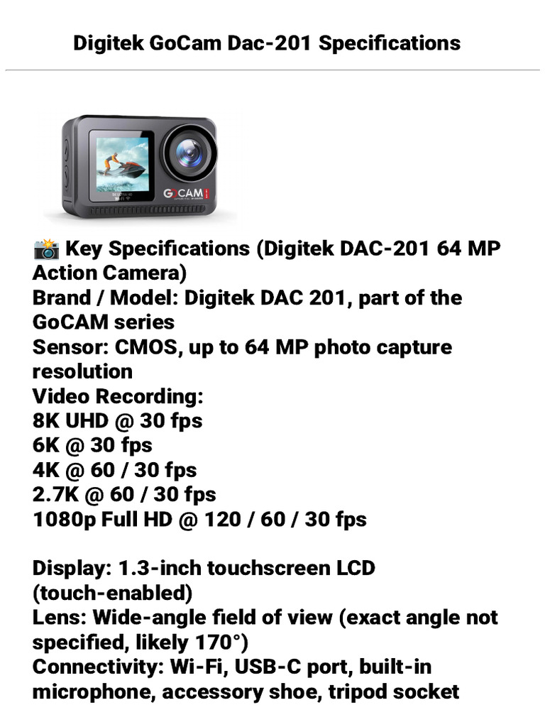 Digitek DAC-201 Action Camera Specs | PDF | Image Stabilization | Camera