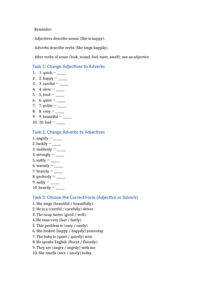 Adjectives Adverbs Worksheet | PDF | Adjective | Adverb