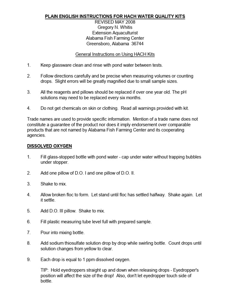 HACH Water Quality Kit Instructions | PDF | Ammonia | Chemical Substances