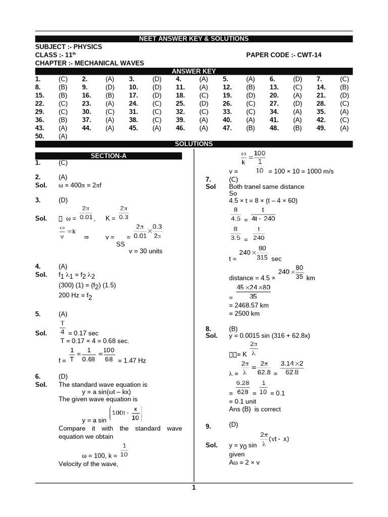 NEET Physics Answer Key: Mechanical Waves | PDF | Waves | Sound