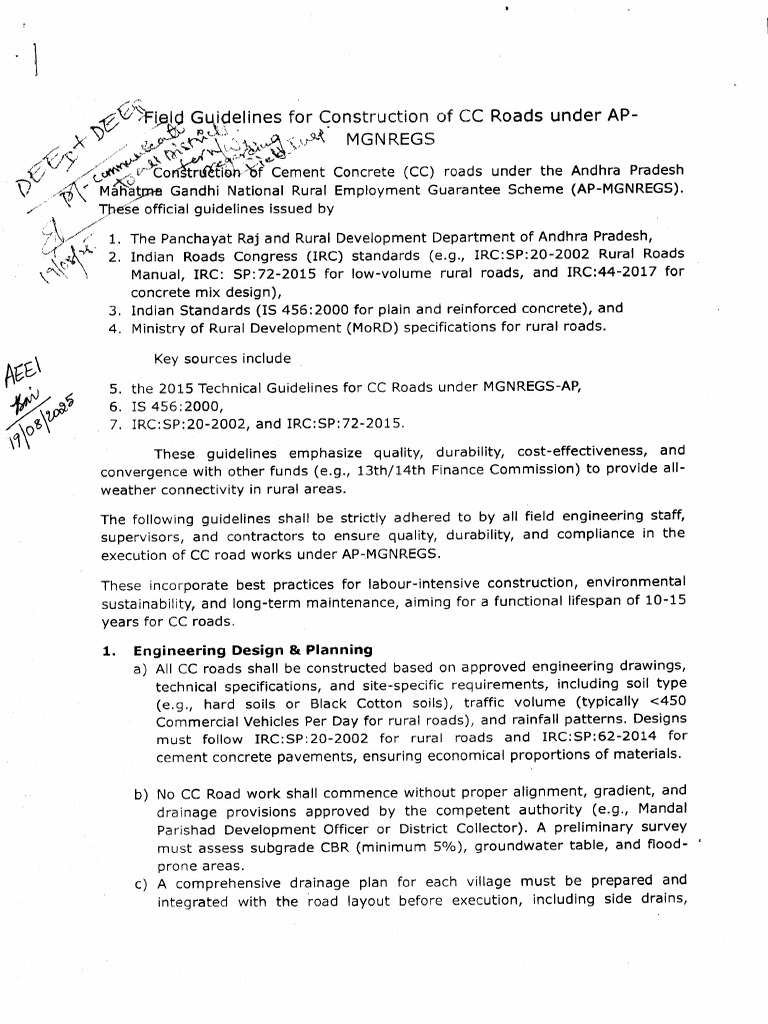 MGNREGS - Constrction of CC Roads - Field Guidelines | PDF | Drainage ...