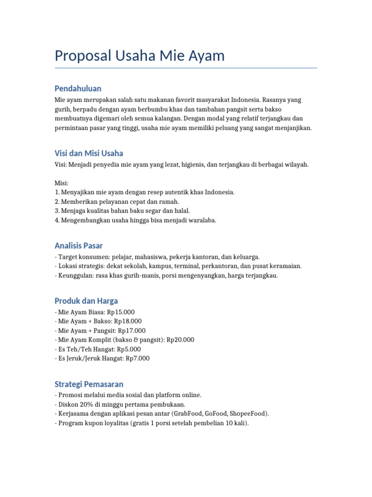 Proposal Usaha Mie Ayam | PDF