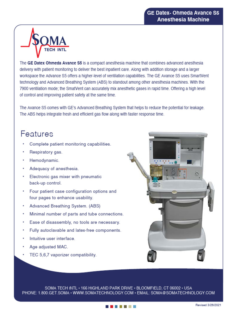 GE Avance S5 Anesthesia Machine Overview | PDF | Respiration