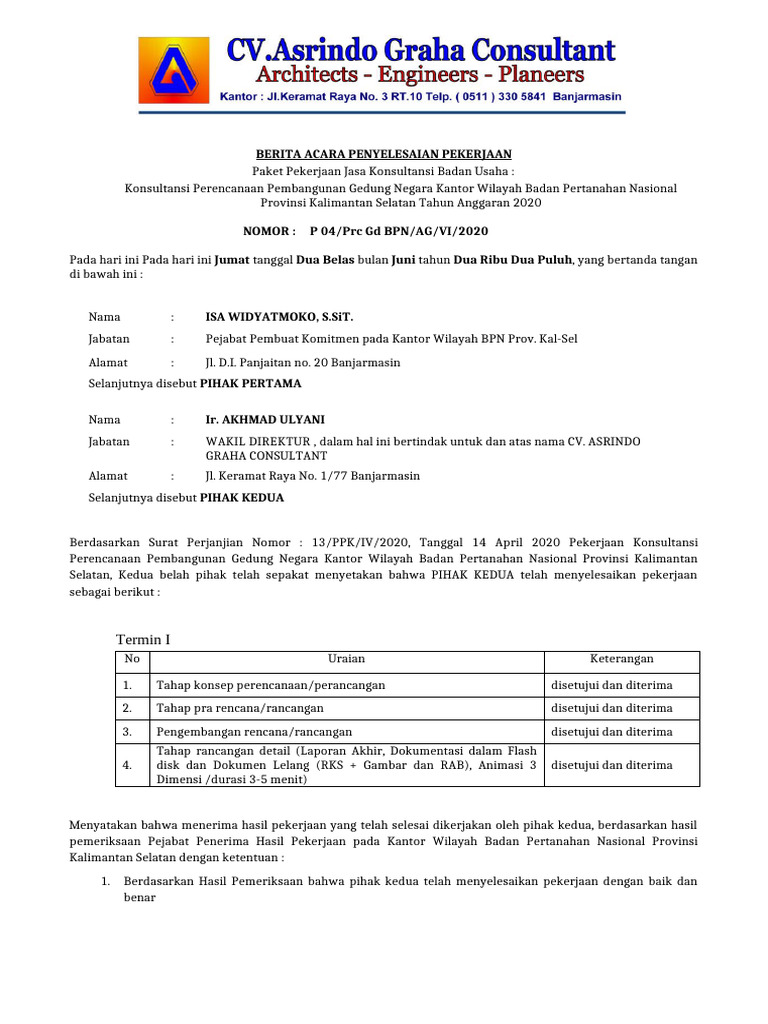 Berita Acara Penyelesain Pekerjaan Termin 1 | PDF