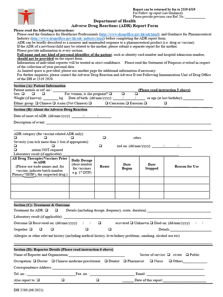 ADR Reporting Form Instructions | PDF | Dose (Biochemistry) | Chemistry