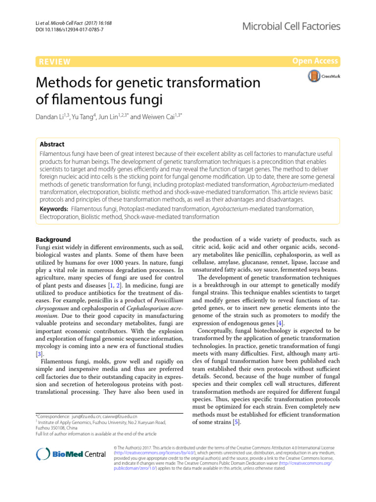Genetic Transformation Methods for Fungi | PDF | Fungus | Life Sciences