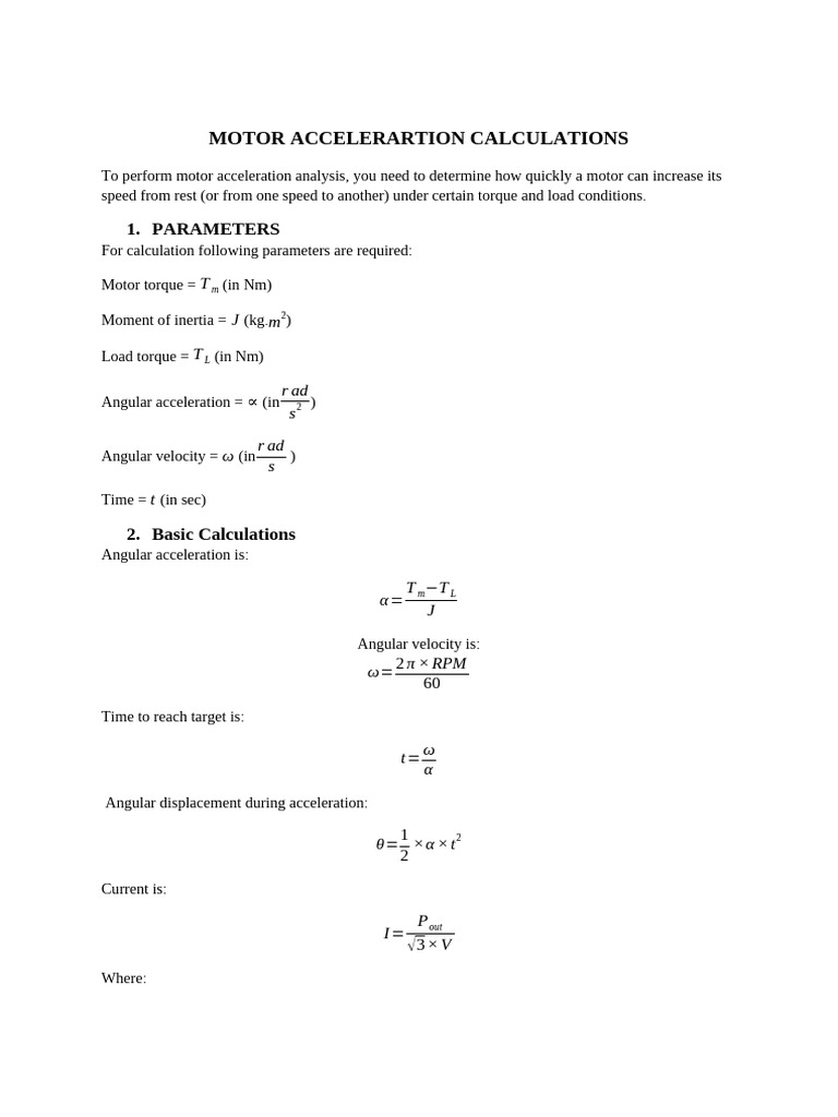 Motor Accelerartion Calculations by Memoona Rasool | PDF | Torque | Acceleration