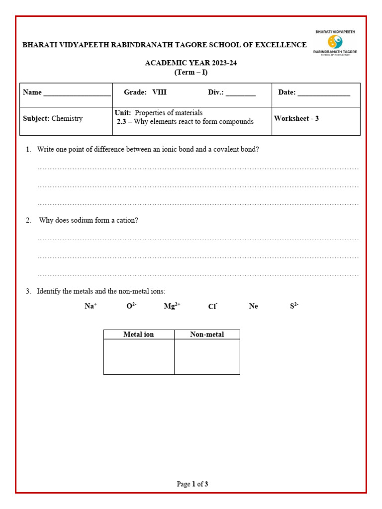 3 Ionic and Covalent Bond Revision - BVRTSE | PDF | Ion | Chemical Bond