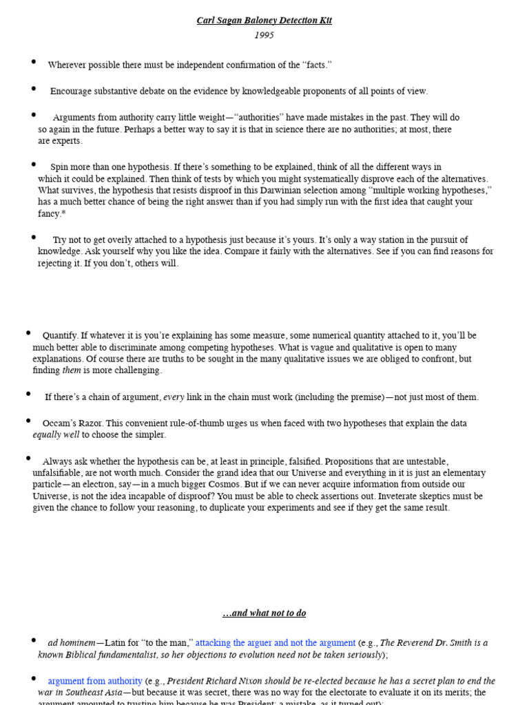 Carl Sagan's Baloney Detection Guide | PDF | Hypothesis | Science