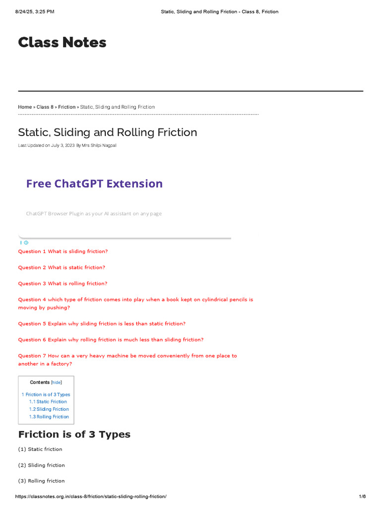 Static, Sliding and Rolling Friction - Class 8, Friction | PDF ...
