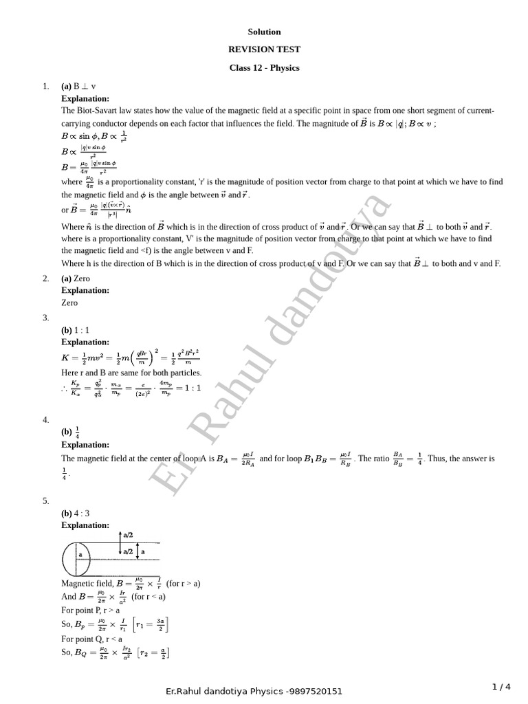 Class 12 Physics Revision Test Solutions | PDF | Magnetic Field ...