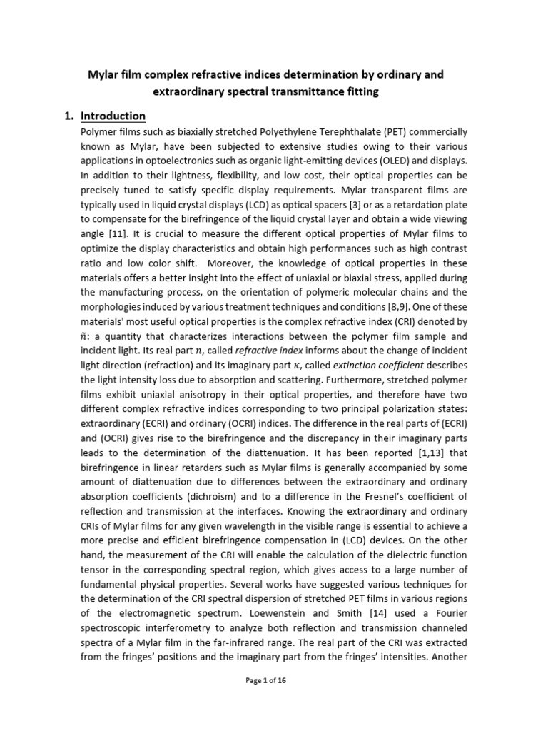 Mylar Film Complex Refractive Indices | PDF | Refractive Index ...