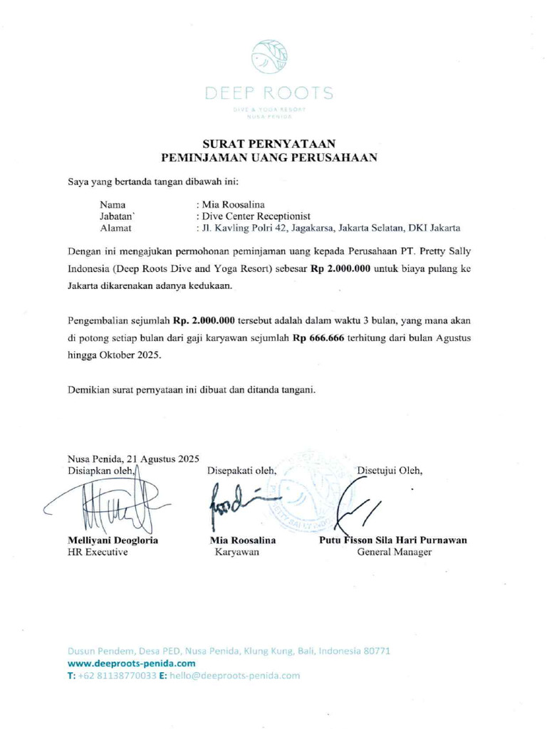 Cash Advance Letter - Mia Roosalina - 21 Aug 2025 | PDF