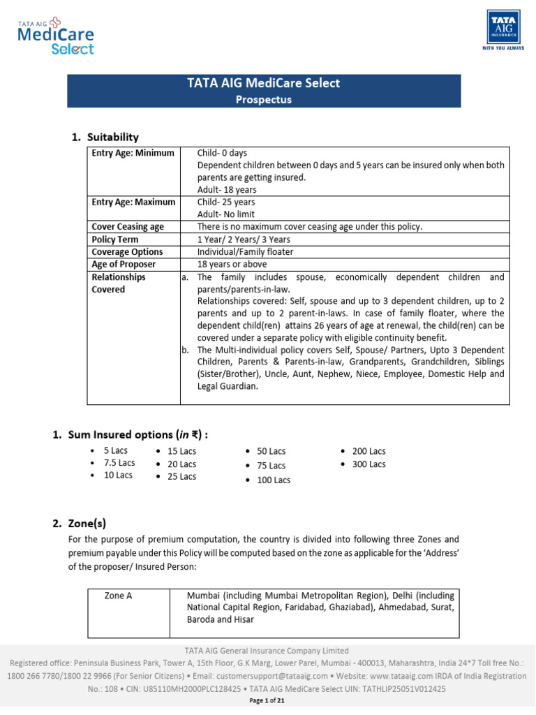 TATA AIG MediCare Select Overview | PDF | Insurance | Infertility