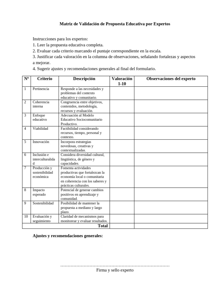 Matriz De Validación Educativa Por Expertos Pdf