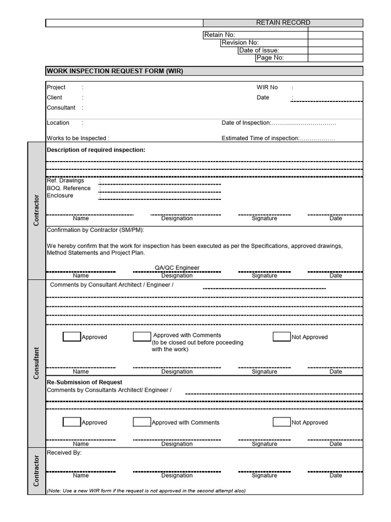 Work Inspection Request (WIR) Form | PDF