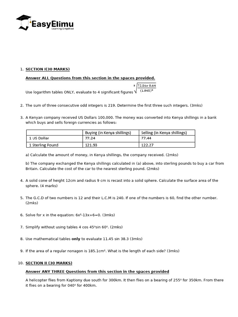 Mathematics - Form 2 Term 2 Mid Term Exams 2024 Set 1-1270 | PDF | Area | Sphere