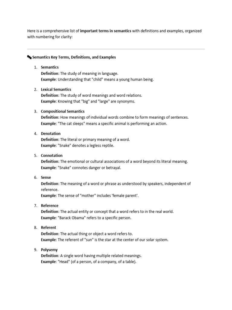 Here is a comprehensive list of important terms in semantics with ...