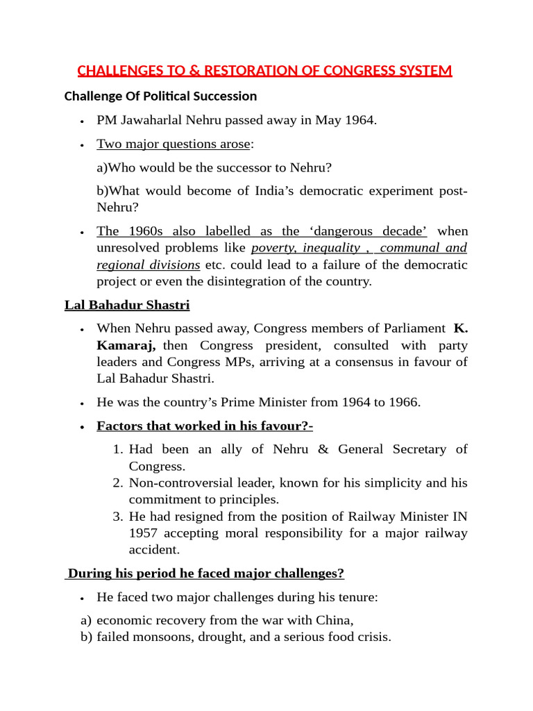 Challenges and Restoration of Congress System | PDF | Indian National ...