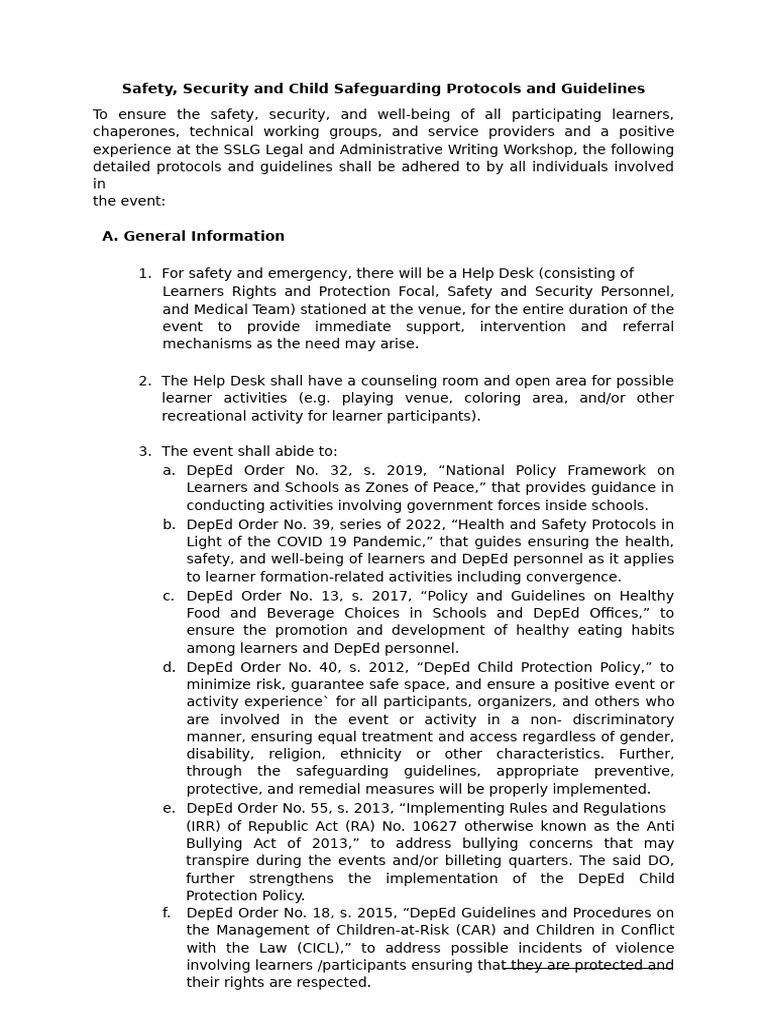Safety Security and Child Safeguarding Protocols and Guidelines | PDF ...