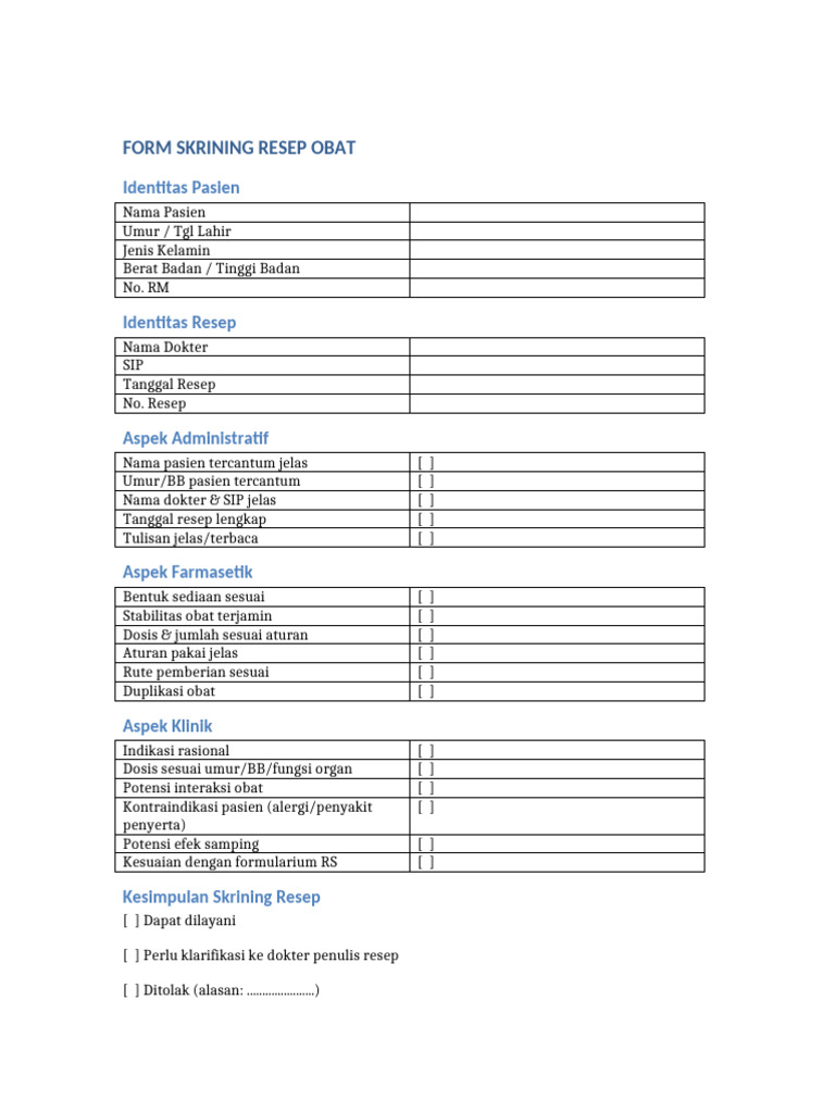 Formulir Skrining Resep Obat Pasien | PDF