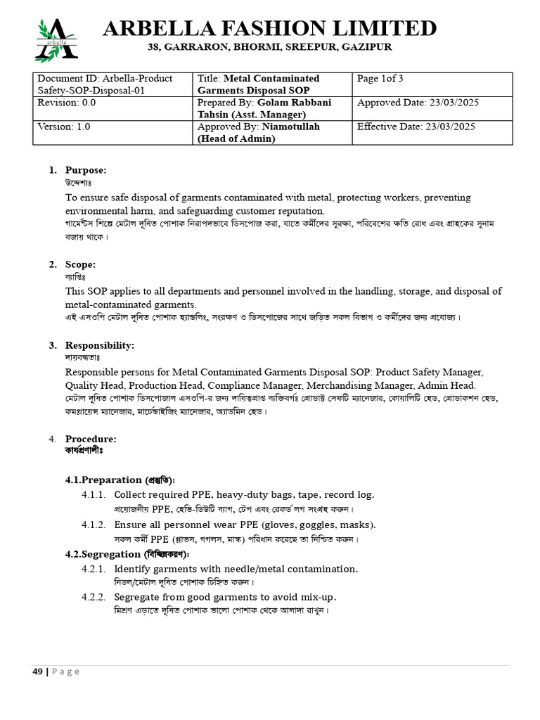 49-51 Manual-Metal Contaminated Garments Disposal Procedure | PDF