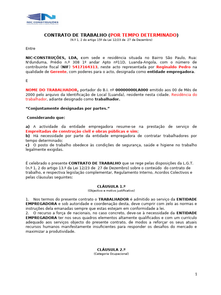 CONTRATO DE TRABALHO (POR TEMPO DETERMINADO) Modelo | PDF | Salário | Recursos Humanos