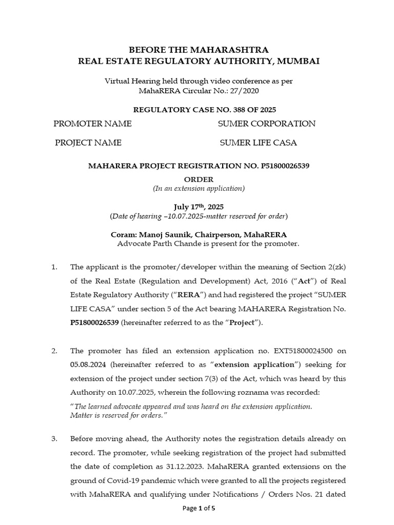 MahaRERA Grants Extension for Sumer Life Casa | PDF | Justice | Crime ...