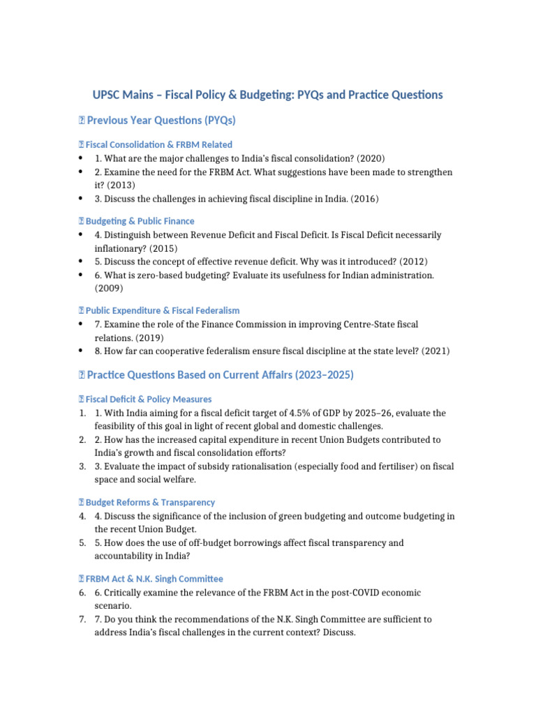 Fiscal Policy PYQ and Practice UPSC | PDF