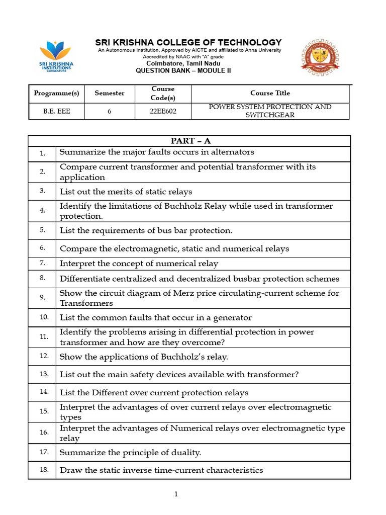 Module 2 Question Bank | PDF | Transformer | Relay