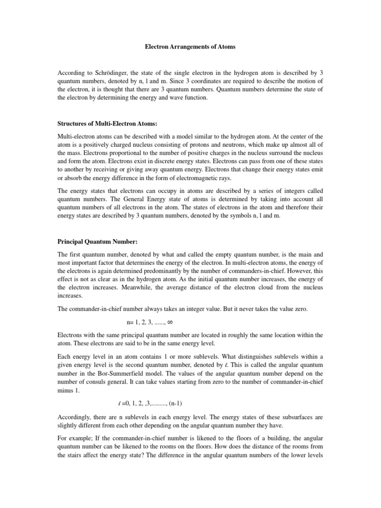 Quantum Numbers in Electron Arrangements | PDF | Chemical Bond | Atoms