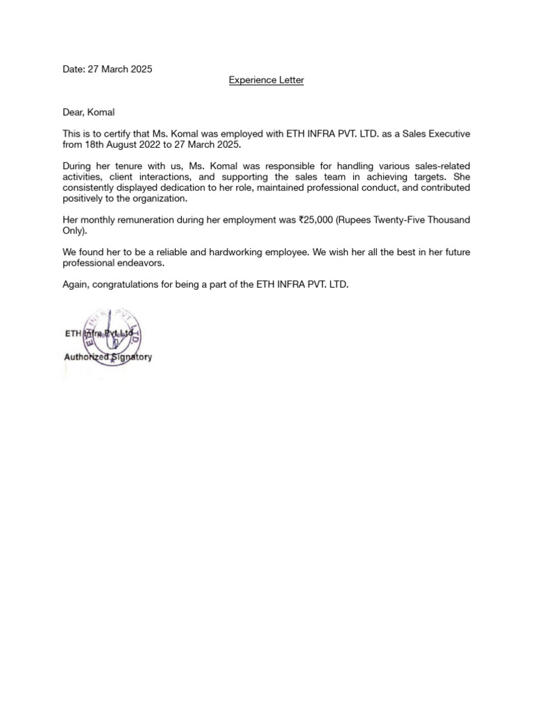 Komal Experience Letter | PDF
