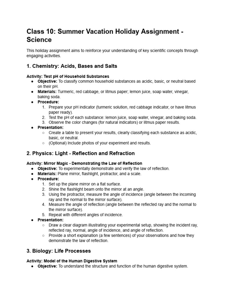 Class 10 Science Holiday Assignment | PDF | Reflection (Physics ...