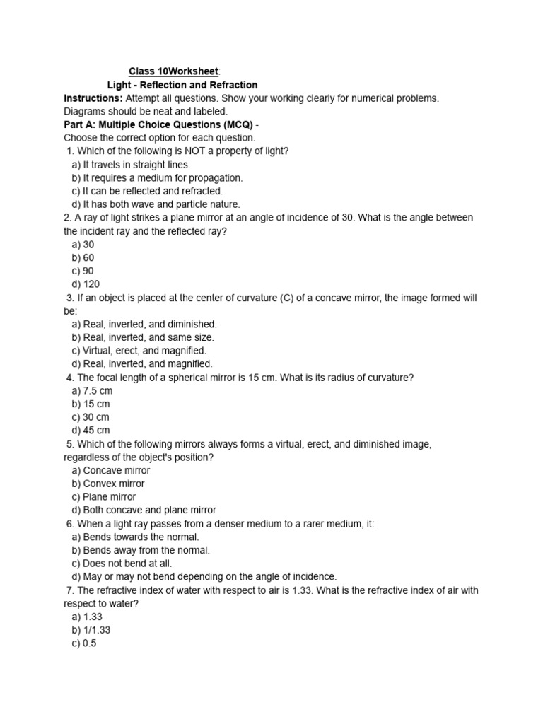 Class 10 Light Reflection Worksheet | PDF | Mirror | Refraction