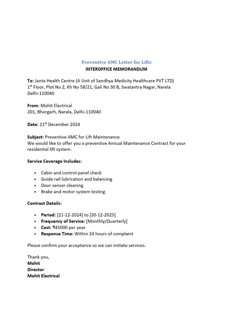 Preventive AMC Proposal for Lift Maintenance | PDF