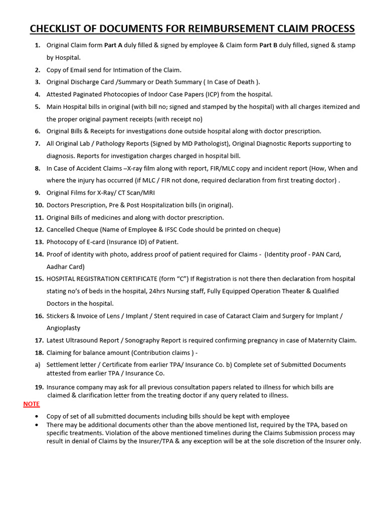 Reimbursement Claim Document Checklist | PDF | Hospital | Health Care