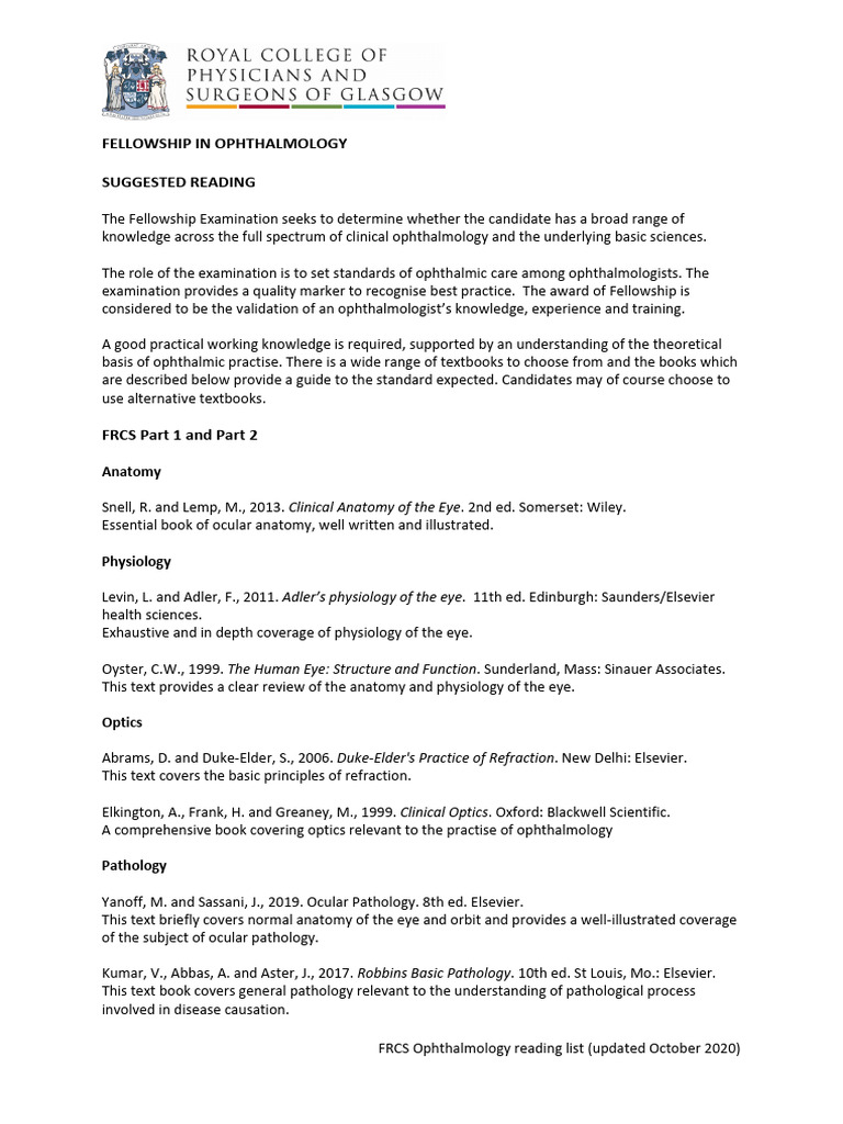 FRCS Ophthalmology Reading List 2020 | PDF | Ophthalmology | Medical ...