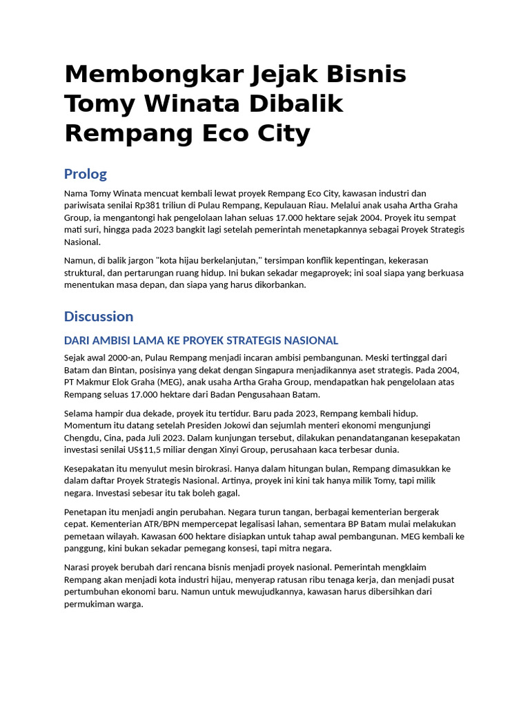 Tomy Winata Dan Rempang Eco City | PDF