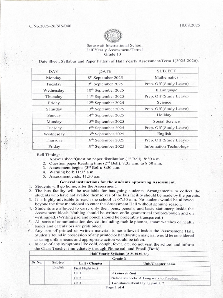 Grade_10_Schedule_for_Half_Yearly_Assessment_2025-26 | PDF