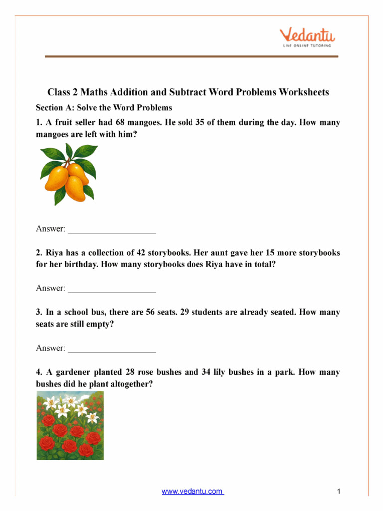 Class 2 Maths Addition and Subtraction Word Problems Worksheet - Converted | PDF