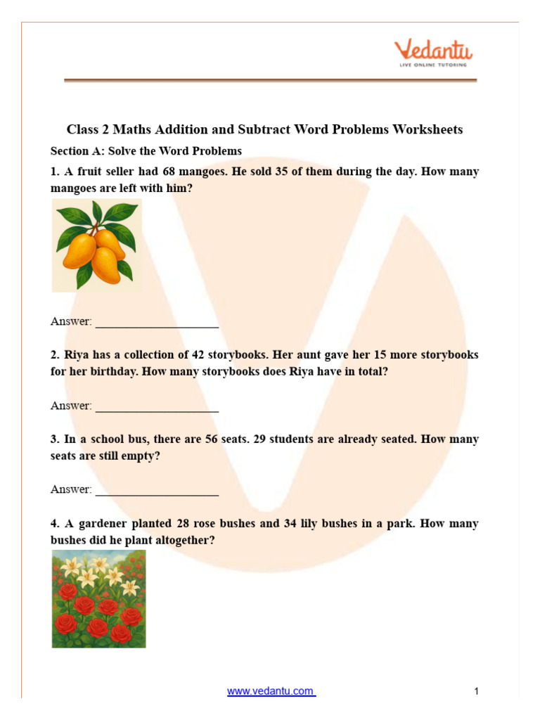 Class 2 Maths Addition and Subtraction Word Problems Worksheet | PDF