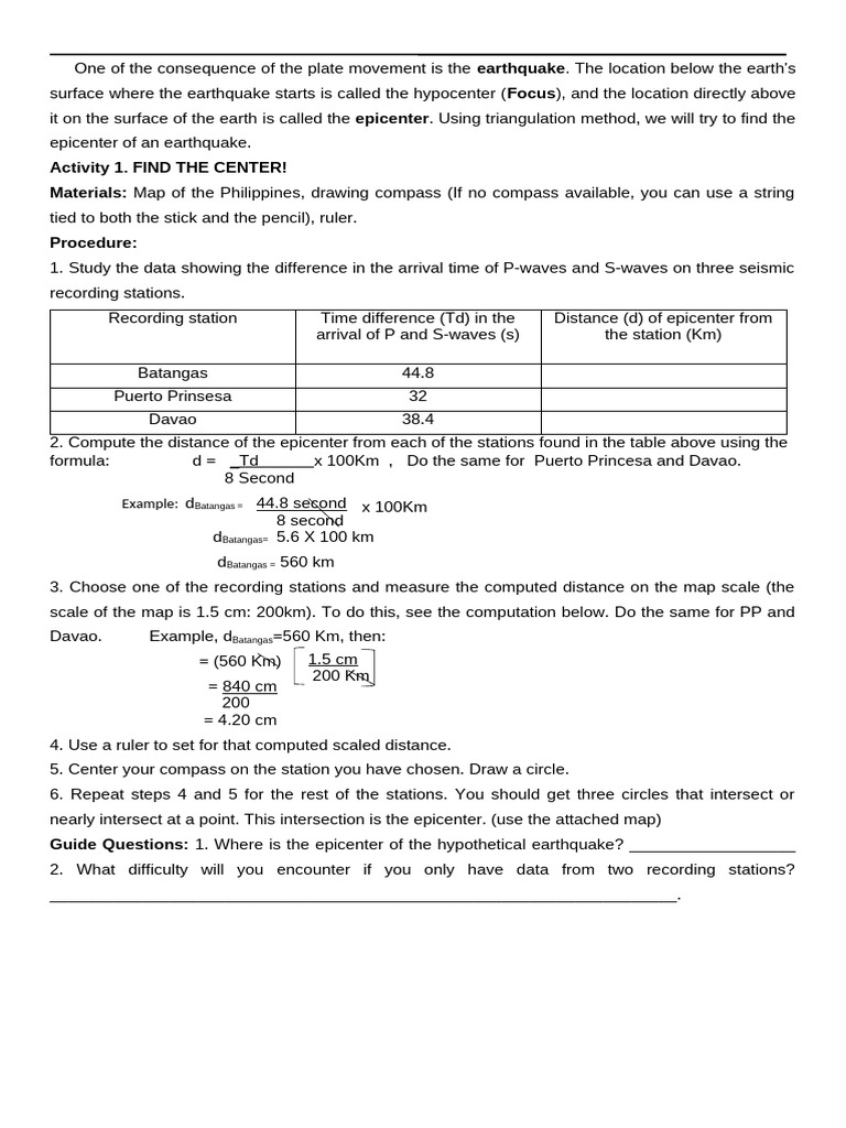 Act. Sheet. Find The Center | PDF | Earthquakes | Solid Mechanics