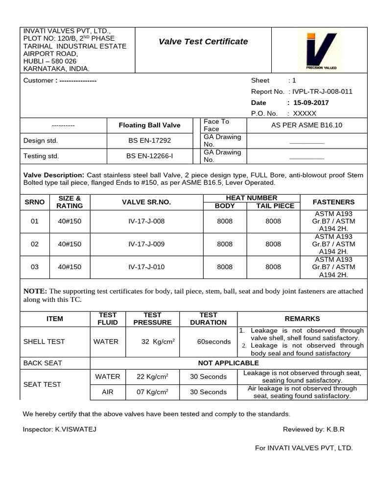 Test Certificate For Dn40 150class | PDF | Valve | Hydraulics