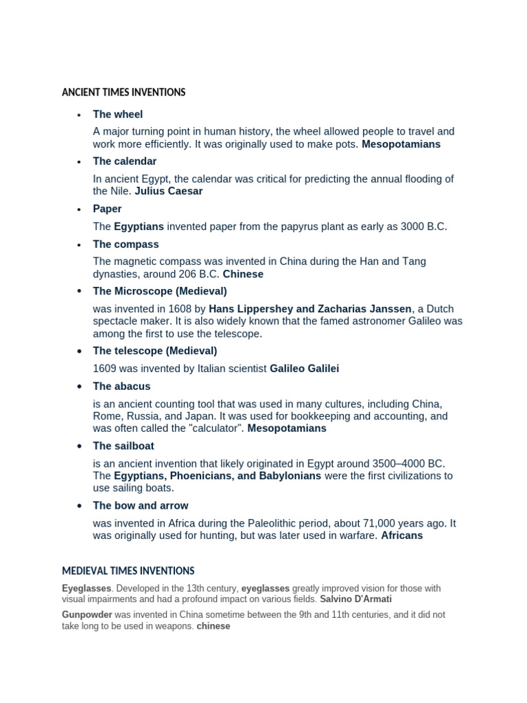 Key Inventions of Ancient Times | PDF | Ancient History