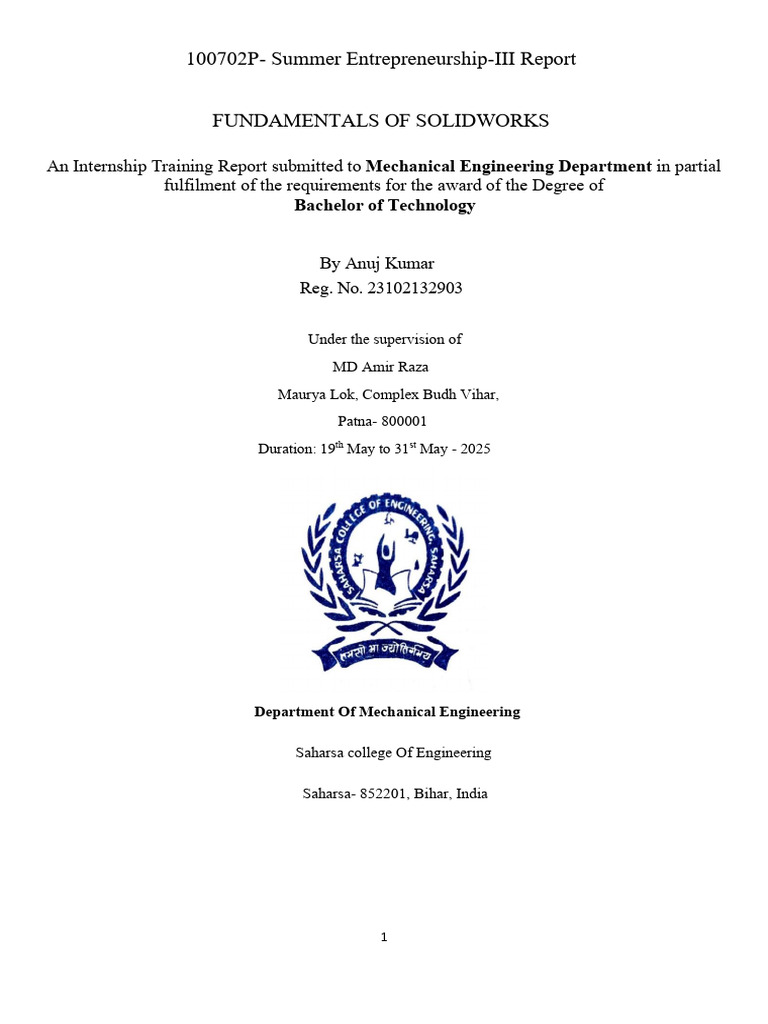 SolidWorks Internship Training Report | PDF
