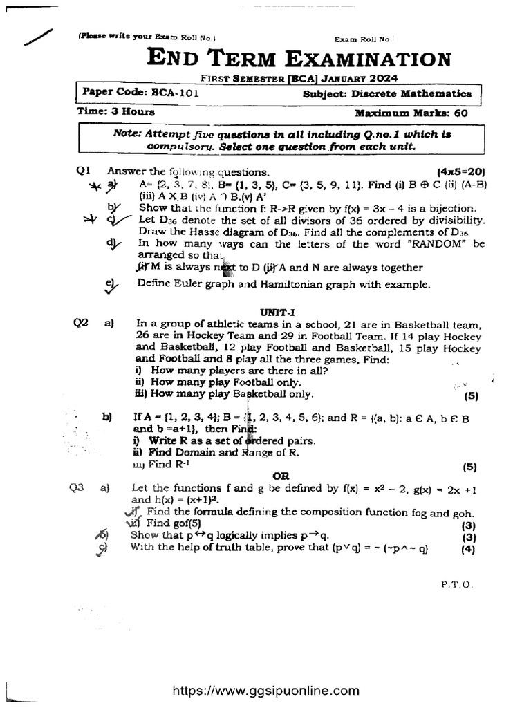 Ggsipu Bca 1 Sem Discrete Mathematics Bca 101 Jan 2024 | PDF