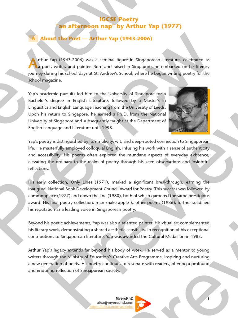 Arthur Yap's "An Afternoon Nap" Analysis | PDF | Parenting | Poetry