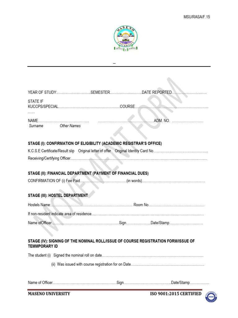 Maseno University Movement Form 2024/2025 | PDF
