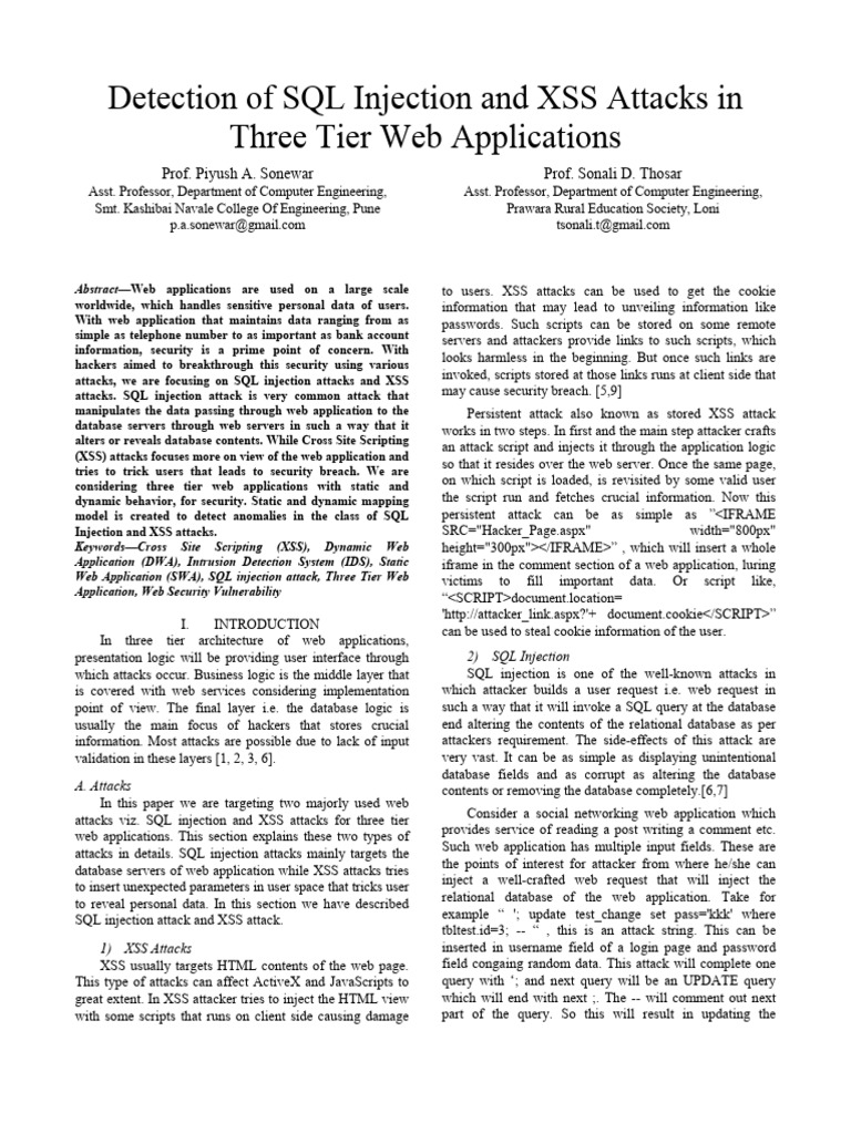 Detection of SQL Injection and XSS Attacks in Three Tier Web ...